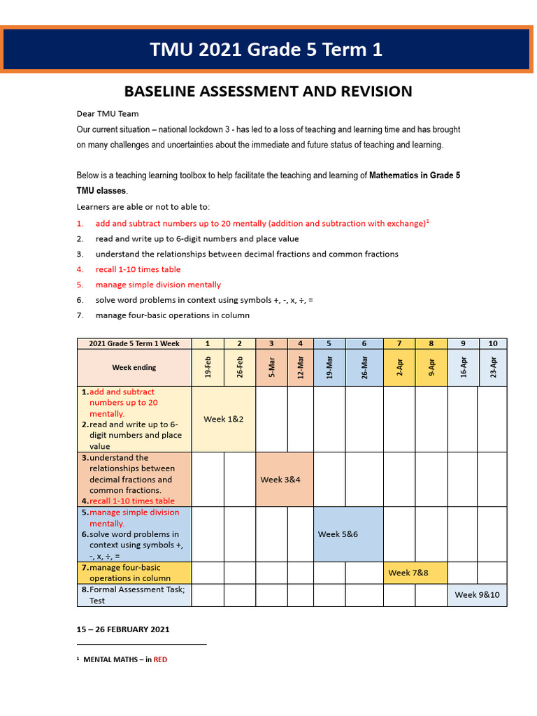 TMU 2021 Grade 5 Baseline Assessment & Revision | PDF | Learning ...