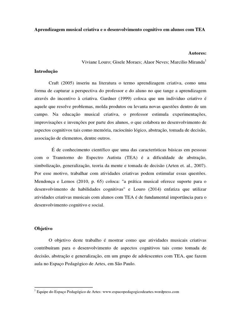 Música Criativa e Desenvolvimento Cognitivo em TEA | PDF | Espectro do ...