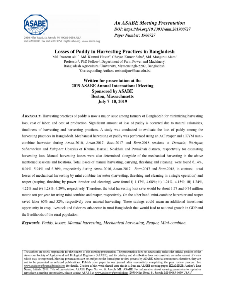 ASABE Full Paper 2019 - Submitted | PDF | Harvest | Agriculture