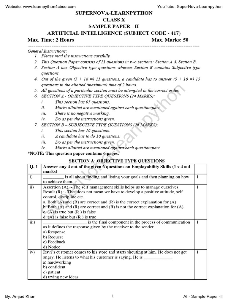 Class 10 Ai Sample Paper - 2 | PDF | Artificial Intelligence | Intelligence (AI) & Semantics