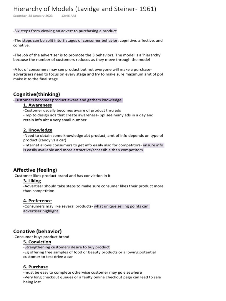 6. Hierarchy of Models (Lavidge and Steiner- 1961) | PDF