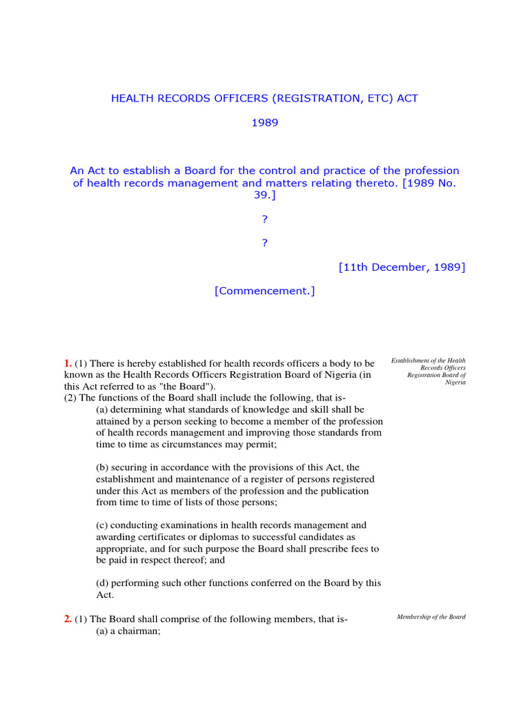 Health Records Officers (Registration, Etc) Act 1989 | PDF | Committee ...