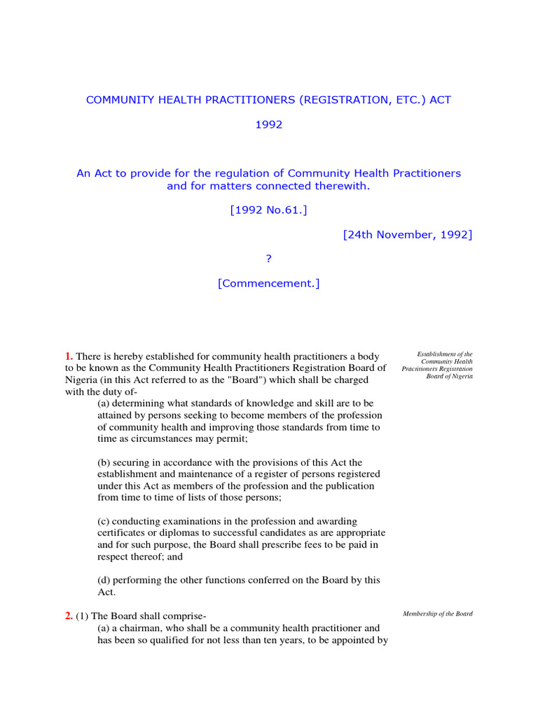 Community Health Practitioners (Registration, Etc.) Act 1992 | PDF ...