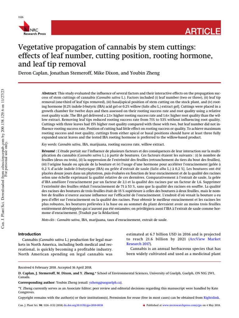 Caplan Et Al 2018 Vegetative Propagation of Cannabis by Stem Cuttings ...