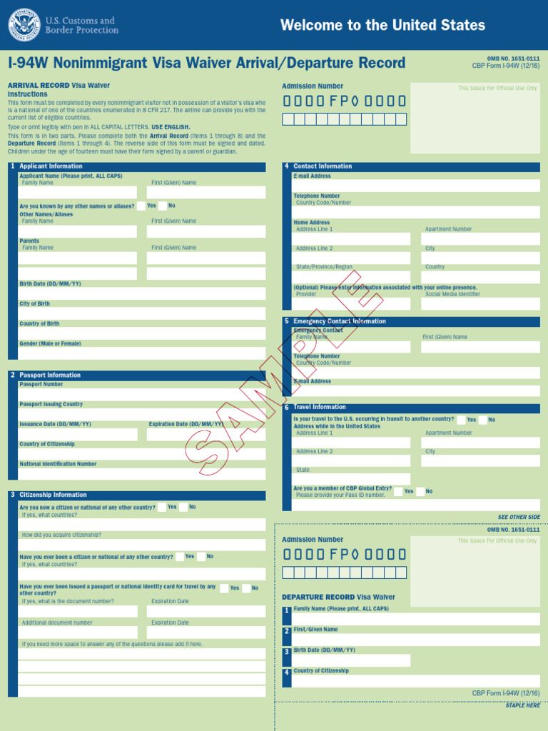 CBP Form I-94w Eng (1216) - Final (Sample) | PDF | Identity Document ...