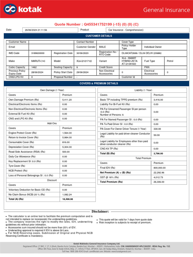 Kotak Car Secure (1+1) - Q455341752199 | PDF | Insurance