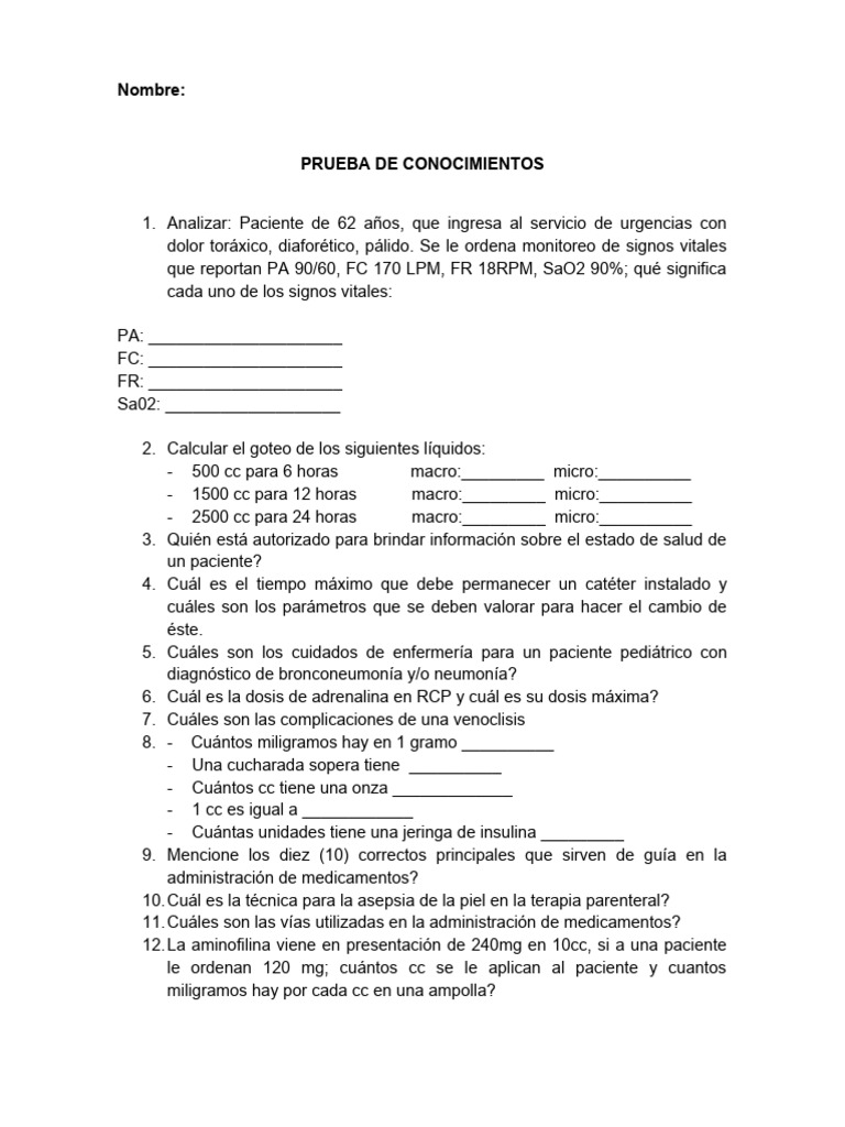 Prueba De Conocimientos Enfermeria Pdf Enfermedades Y Trastornos
