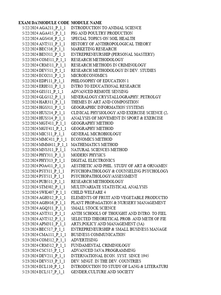 Course Exam Schedule 2024 | PDF | Science | Sociology