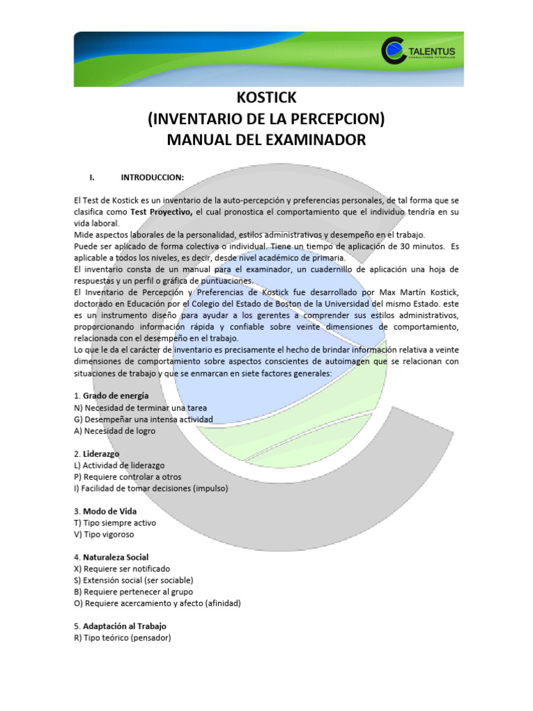 Manual del Examinador del Test Kostick | PDF | Liderazgo | Comportamiento