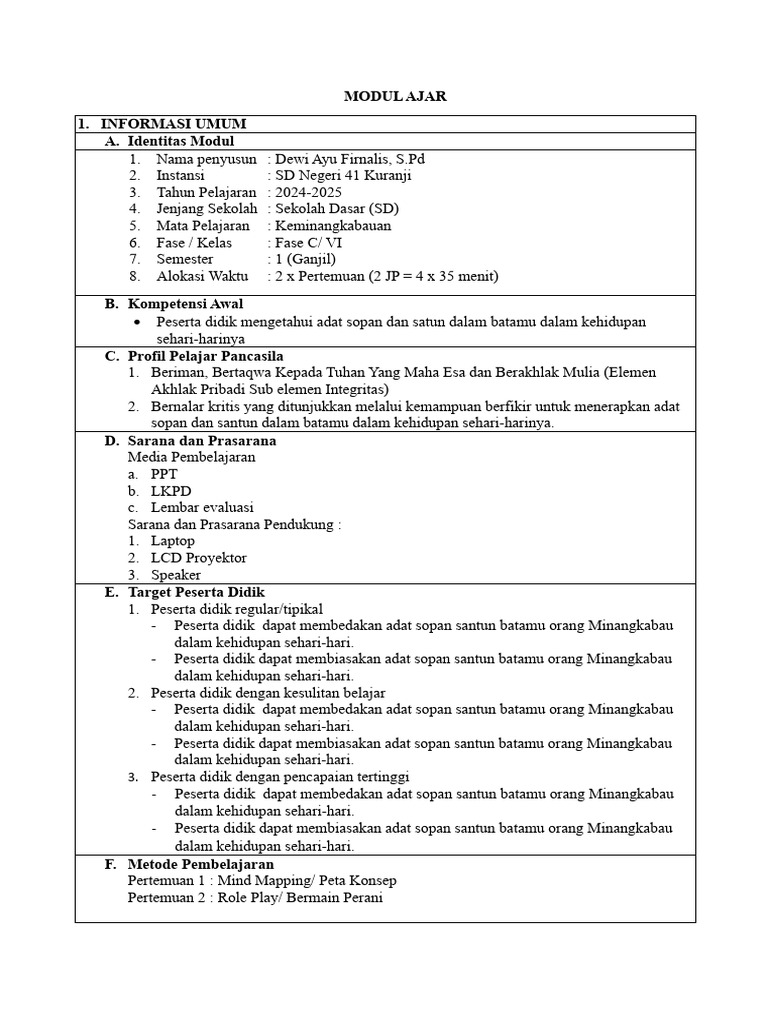 MODUL AJAR FASE C KELAS 6 CP 2 (DEWI AYU FIRNALIS, S.PD) | PDF
