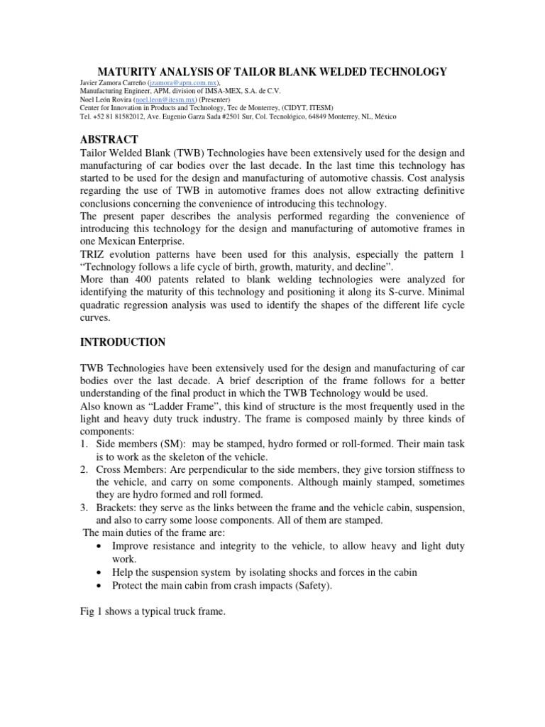 Carreno Rovira Maturity Analysis of Tailor Blank Welded Technology 2 | PDF | Welding | Construction