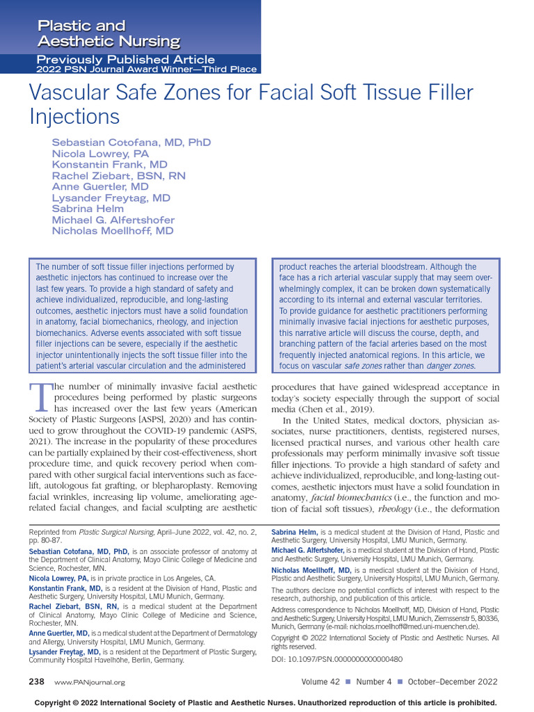 2022 Vascular Safe Zones For Facial Soft Tissue Filler Injections | PDF ...