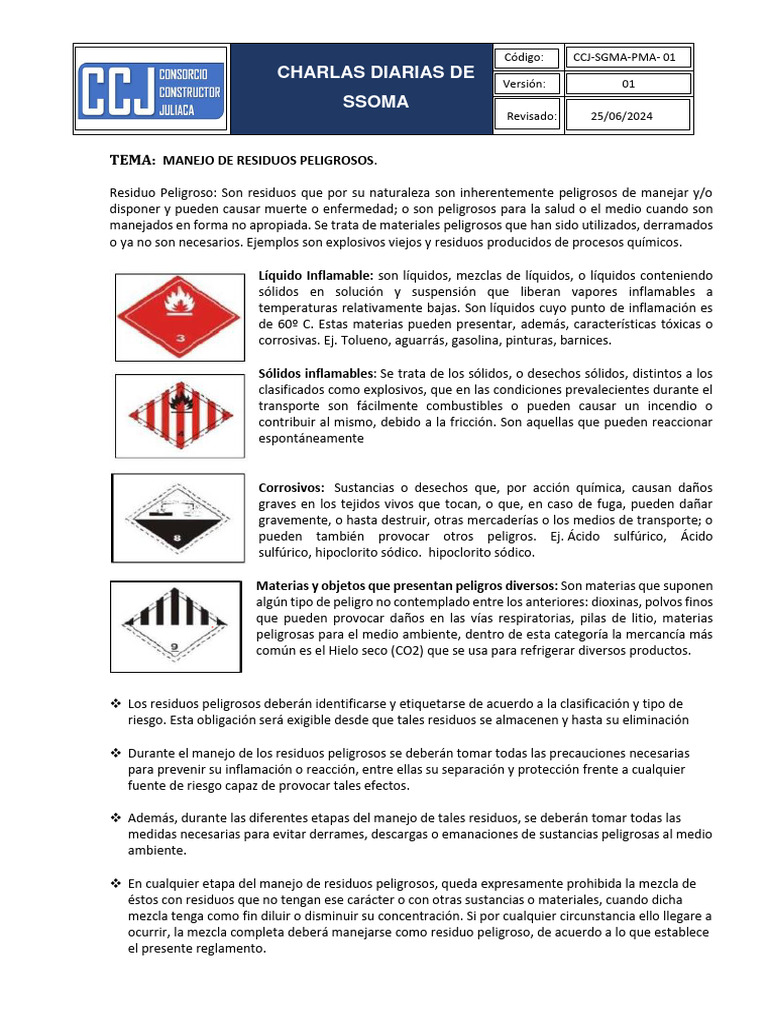 Charla de Manejo de Residuos Peligrosos | PDF | Residuos | Química