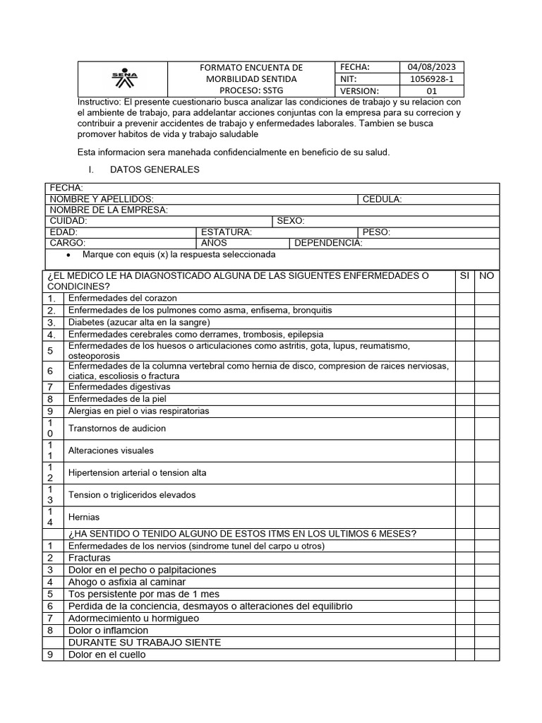 Formato Encuenta de Morbilidad Sentida | PDF | Enfermedades y ...