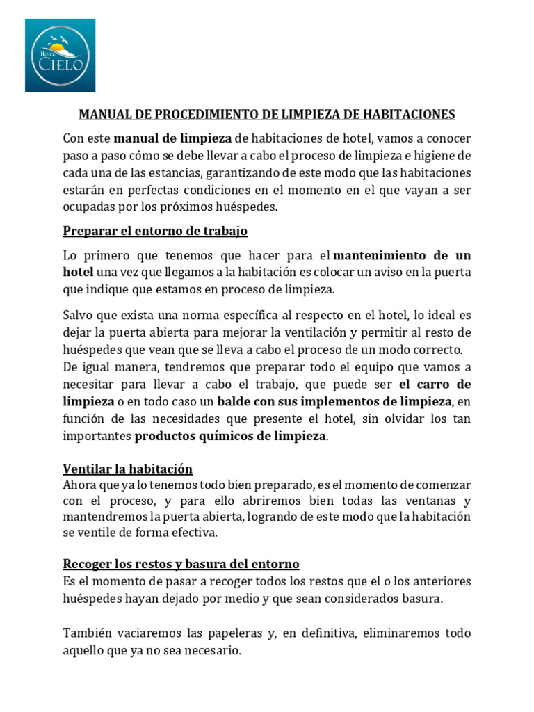 Manual de Procedimiento de Limpieza de Habitaciones | PDF | Hotel | Lecho