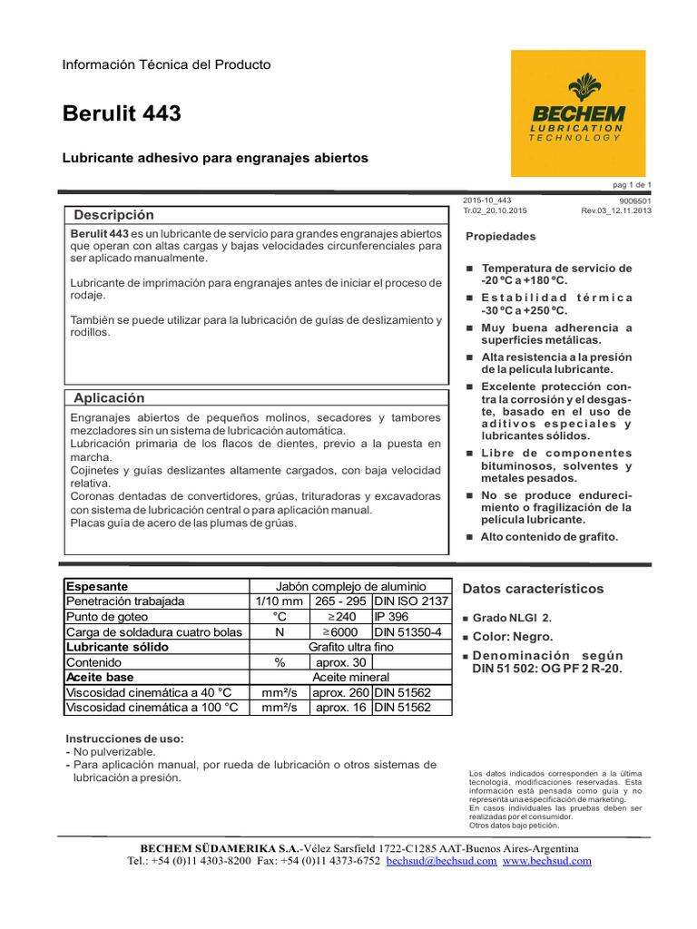 Bechem Berulit 443 (Es) | PDF | Lubricante | Engranaje