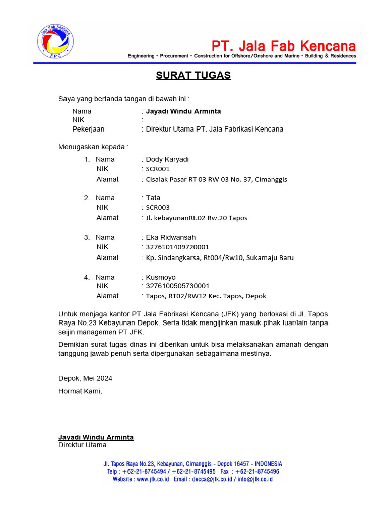 Surat Tugas Security JFK - Mei 2024 | PDF