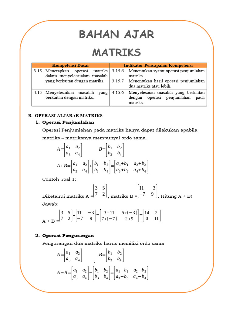 Bahan Ajar Operasi Matriks | PDF