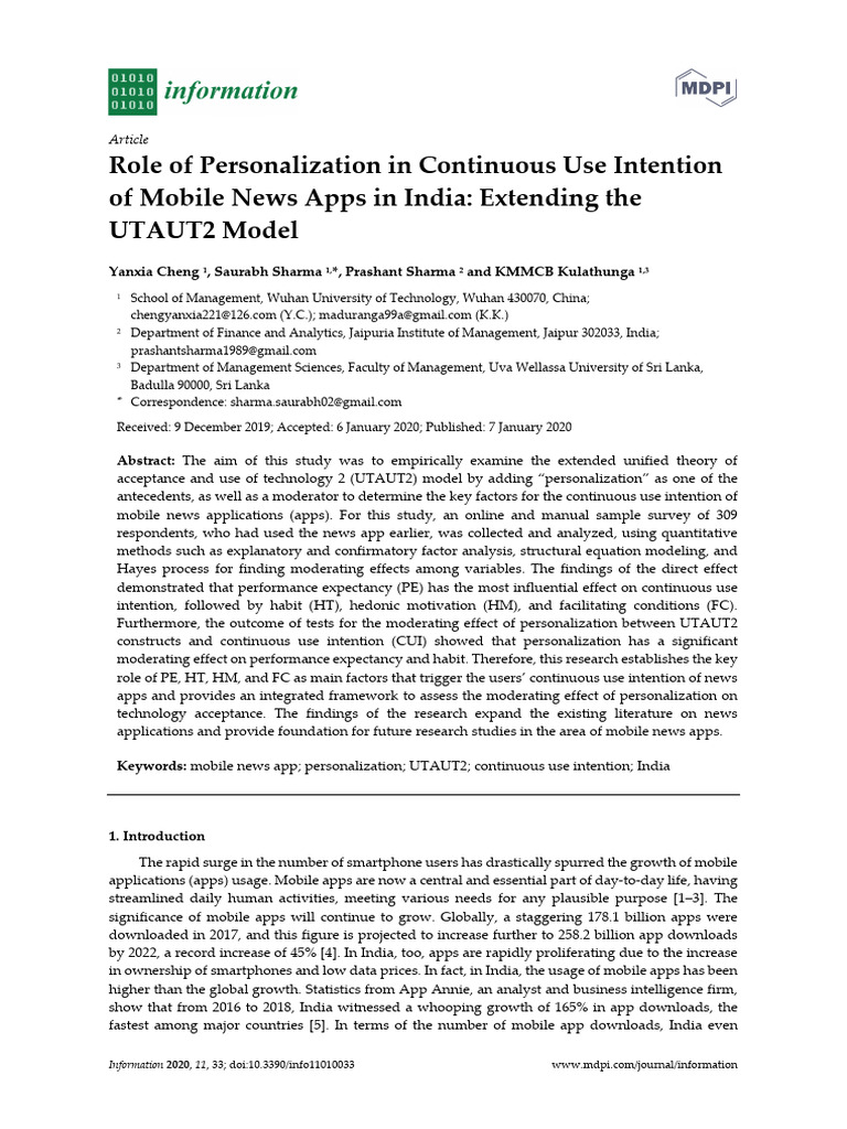 Role of Personalization in Continuous Use Intentio | PDF | Survey Methodology | Mobile App