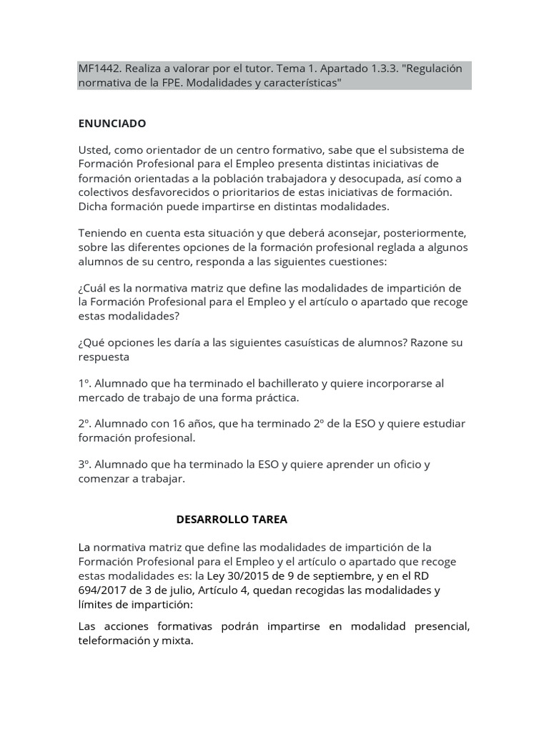 MF1442 Tema 1 Apartado 1.3.3. Regulación Normativa de La FPE. Modalidades y Características ...