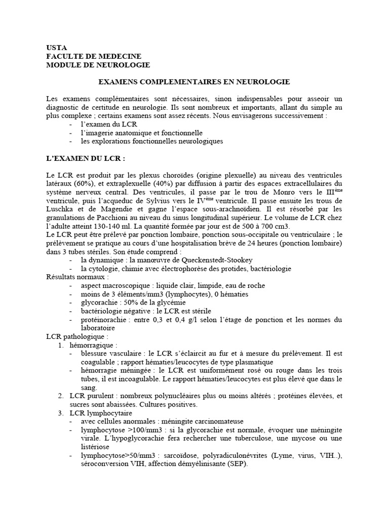 Examens Complémentaires en Neurologie | PDF | Liquide cérébro-spinal ...