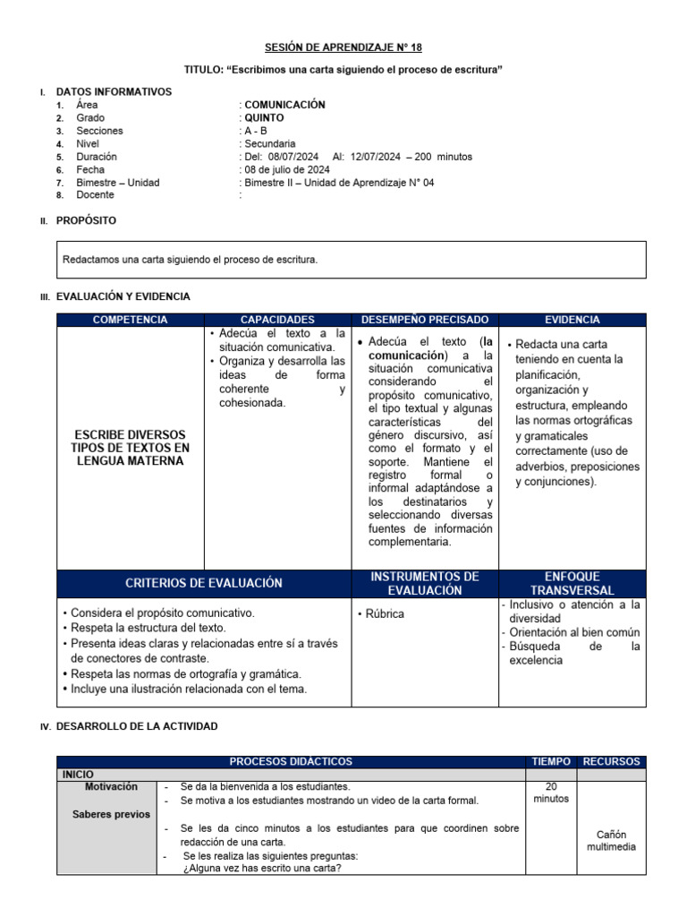 Sesión de Aprendizaje N18-5 | PDF | Evaluación | Gramática