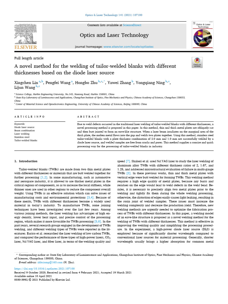 A Novel Method For The Welding of Tailor-Welded Blanks With Different ... A Novel Method For The Welding of Tailor-Welded Blanks With Different ...