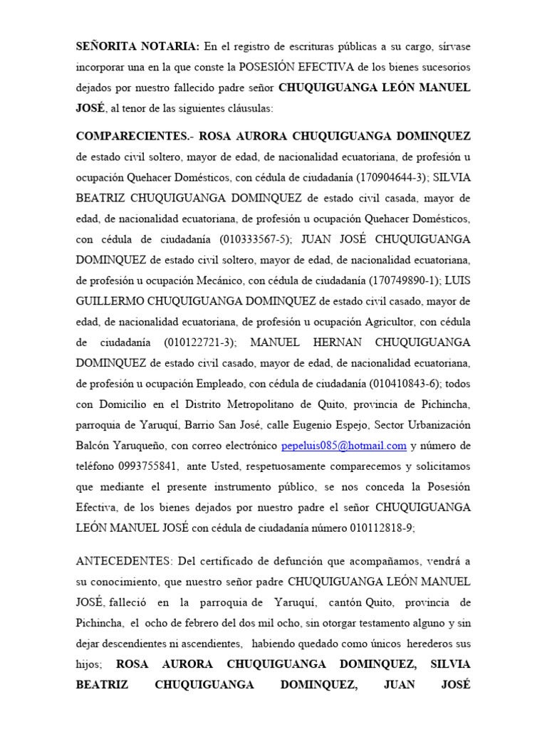Posesi (On Efectiva Familia Chuquiguanga | PDF | Documento de identidad ...