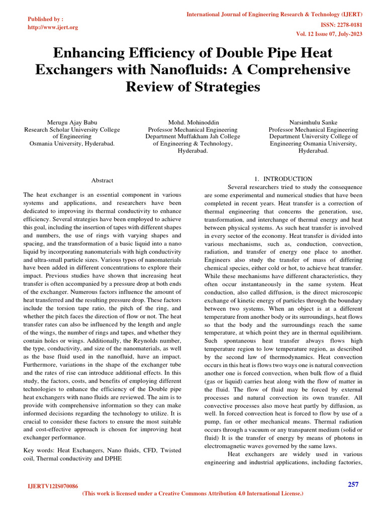 Nanofluids in Double Pipe Heat Exchangers | PDF | Heat Transfer | Heat Exchanger