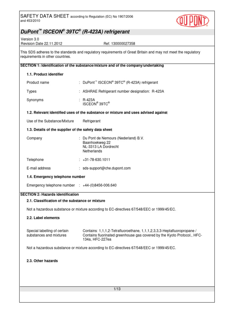 Chemours ISCEON 39TC MSDS v3 | PDF | Dangerous Goods | Toxicity