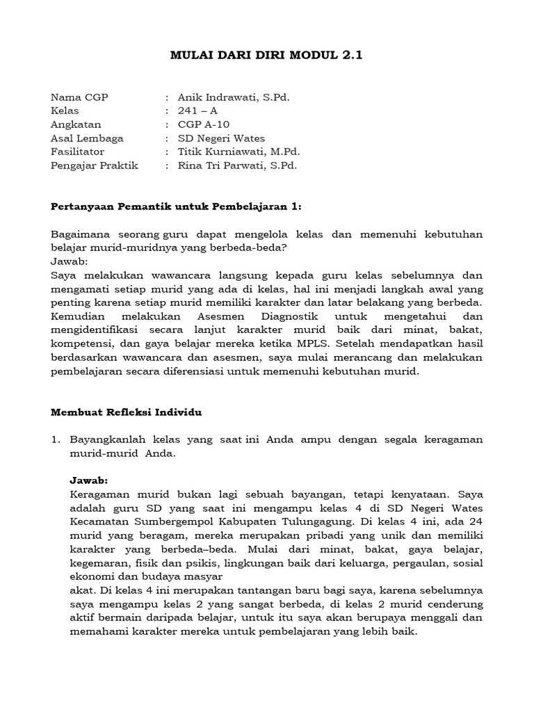Mulai Diri Modul 2.1 Refleksi Individu Pembelajaran Diferensiasi - Anik Indrawati | PDF | Karier ...