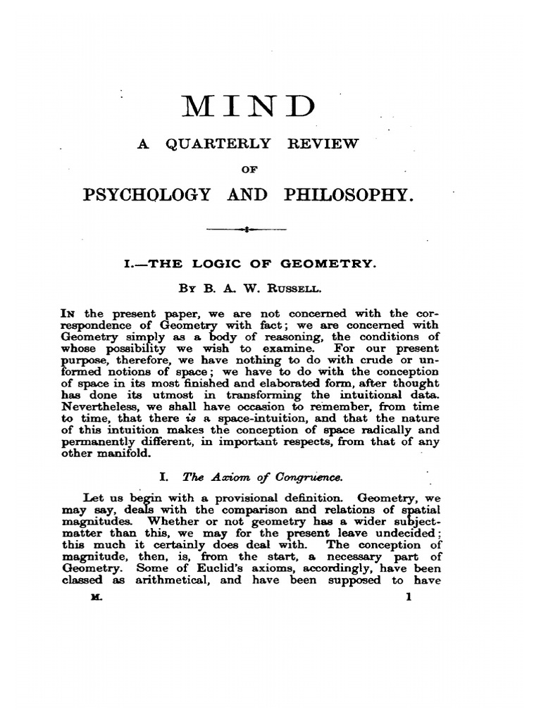 Russell - 1896 - I THE LOGIC OF GEOMETRY 2-27-23 | PDF | Geometry | Space