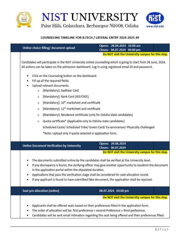 B.Tech Counseling Timeline 2024-2025 | PDF