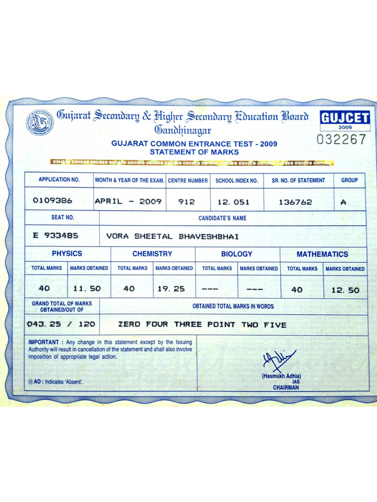 GUJCET Marksheet | PDF