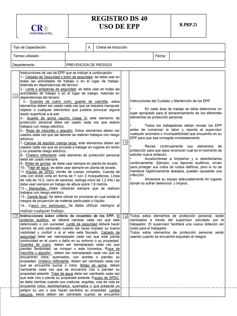 R.prp.21.-Registro de Capacitación de Uso de Los EPP | PDF