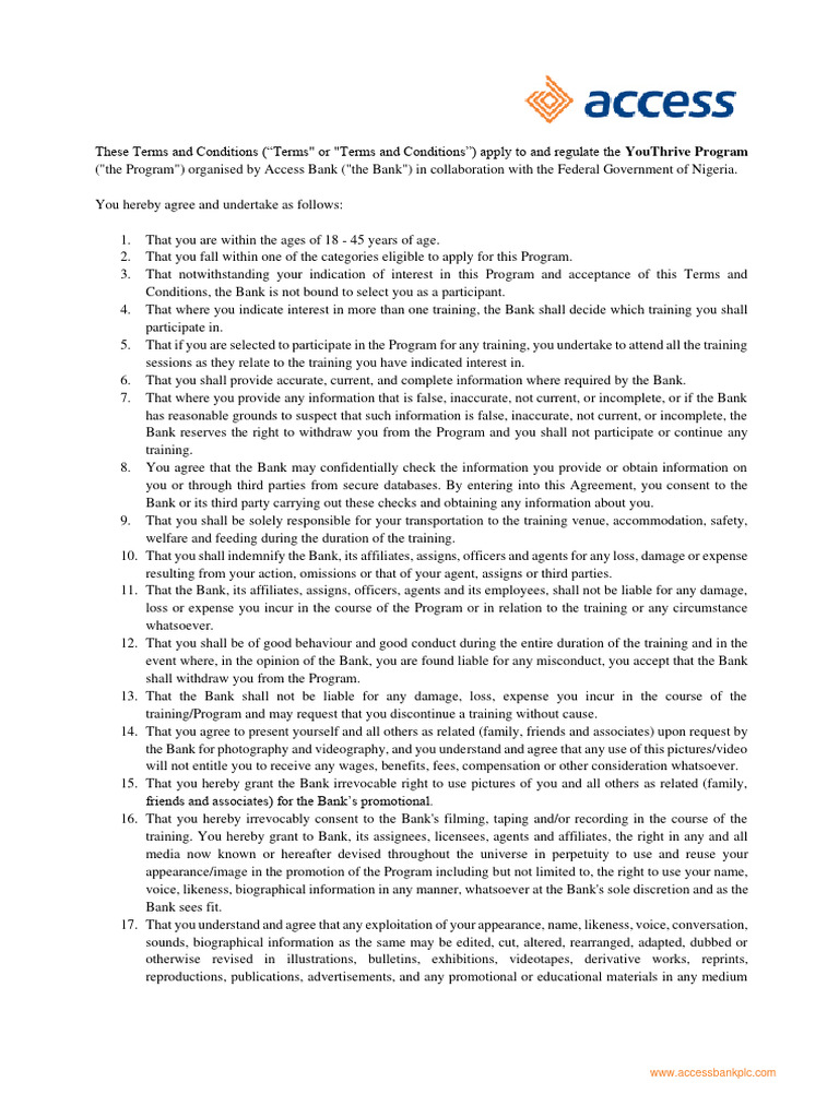 Youthrive Training Program Terms and Conditions Abdul | PDF | Banks ...