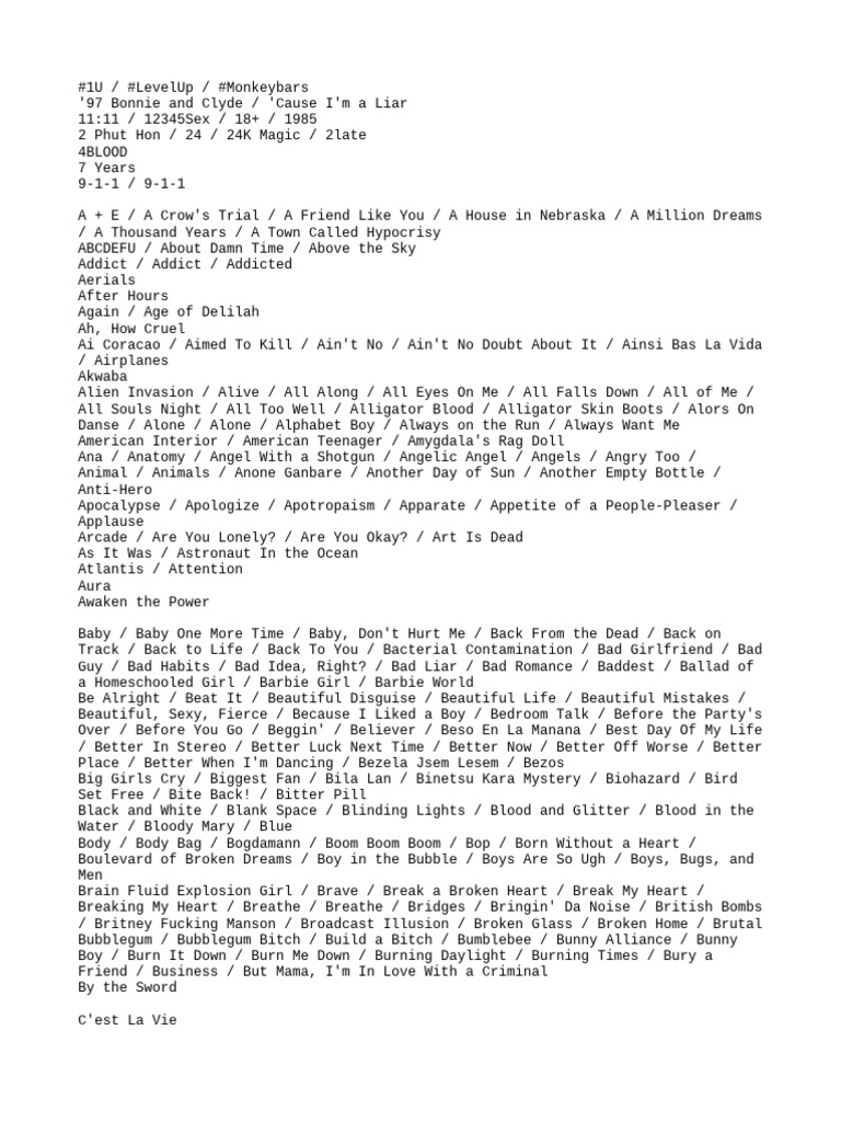 Songs in Alphabetical Order | PDF