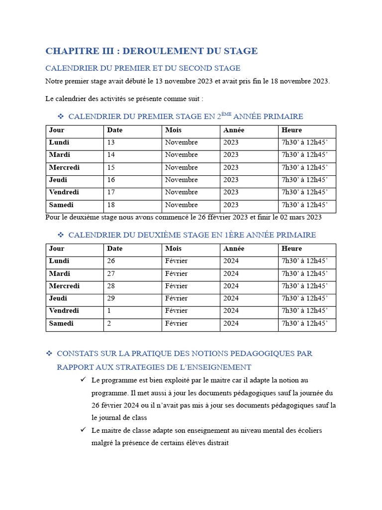 Calendrier des Stages en École Primaire | PDF | Pédagogie