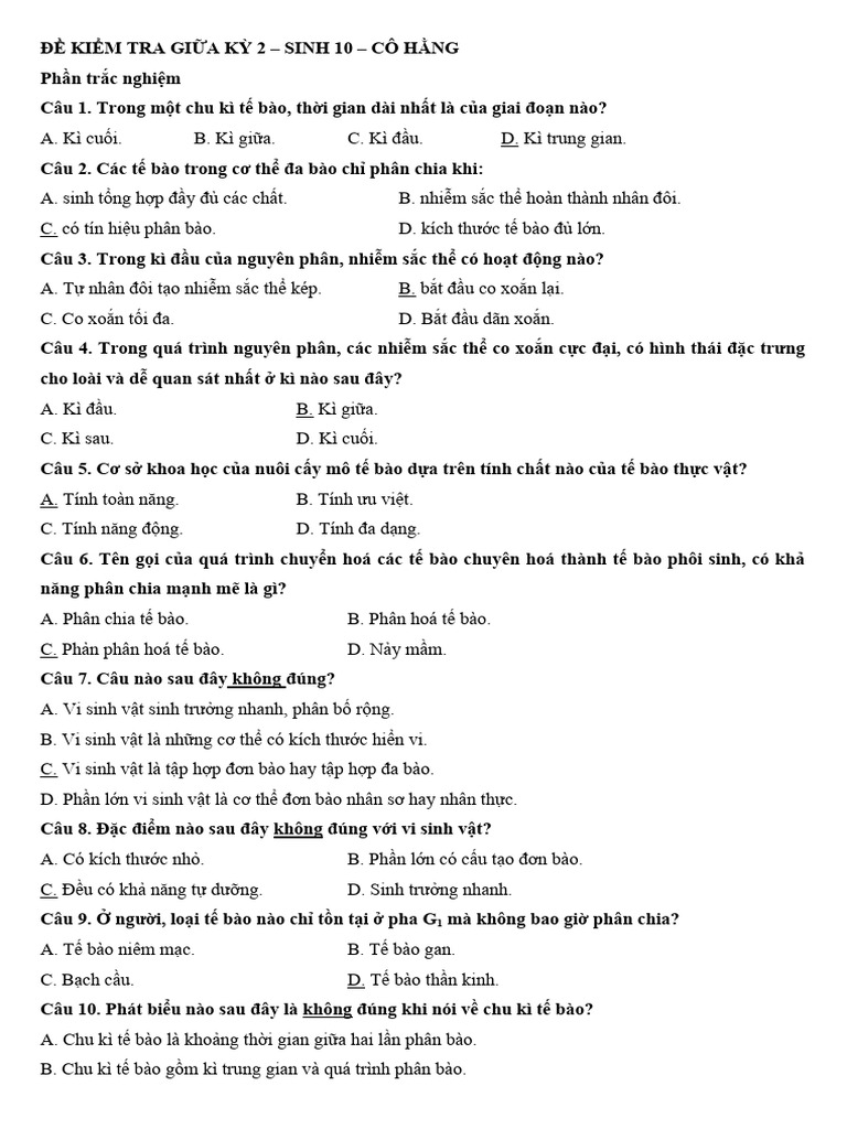 ĐỀ KTGK 2-SINH 10 CÔ HẰNG | PDF
