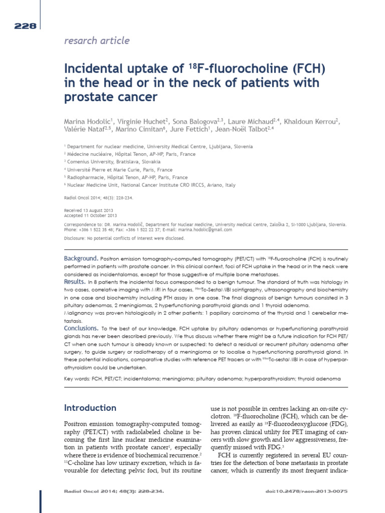 Incidental 18F-FCH Uptake in Prostate Cancer | PDF | Positron Emission Tomography | Adenoma