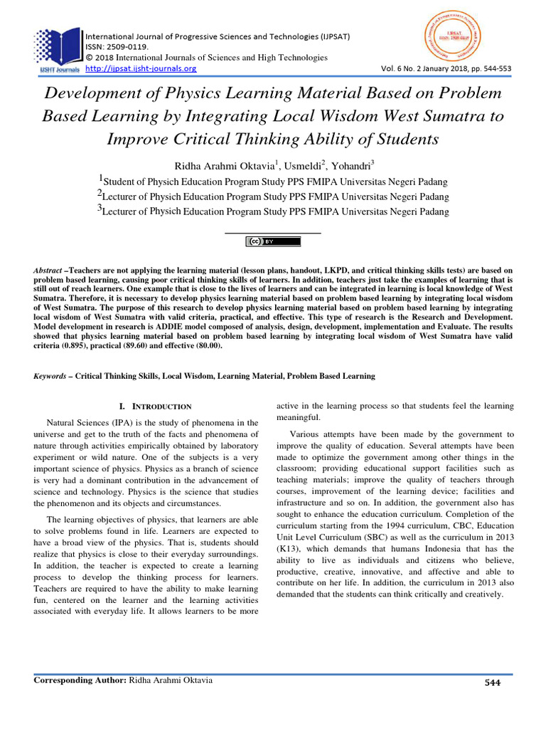 Development Of Physics Learning Material Based On Problem Based Learning By Integrating Local