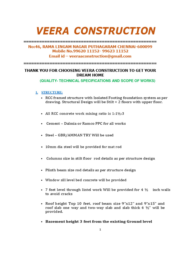 Veera Construction SPEC | PDF | Wall | Bathroom