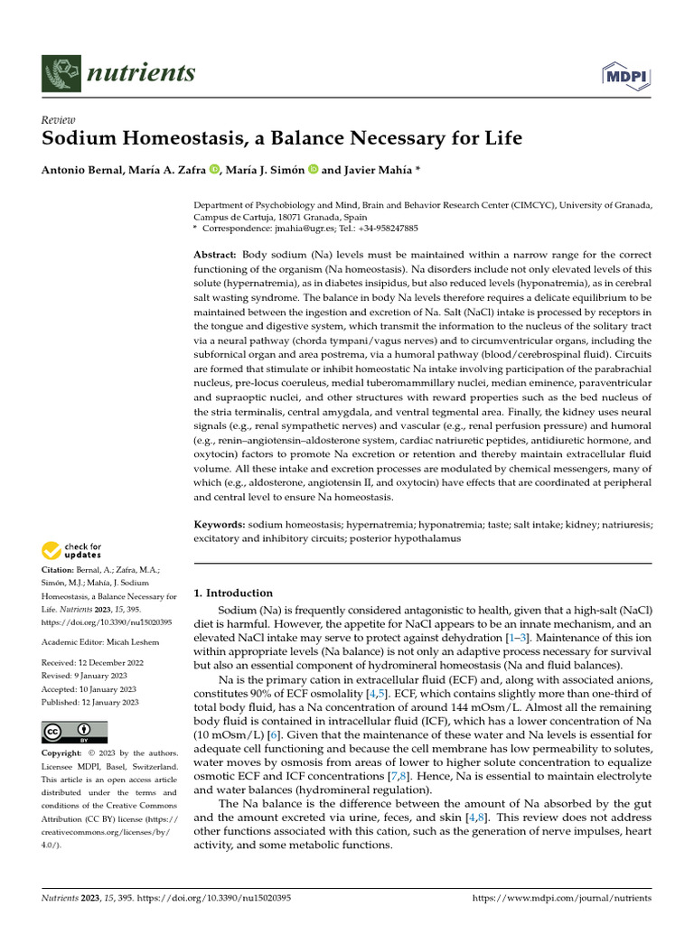 Sodium Homeostasis, A Balance Necessary For Life | PDF | Taste ...
