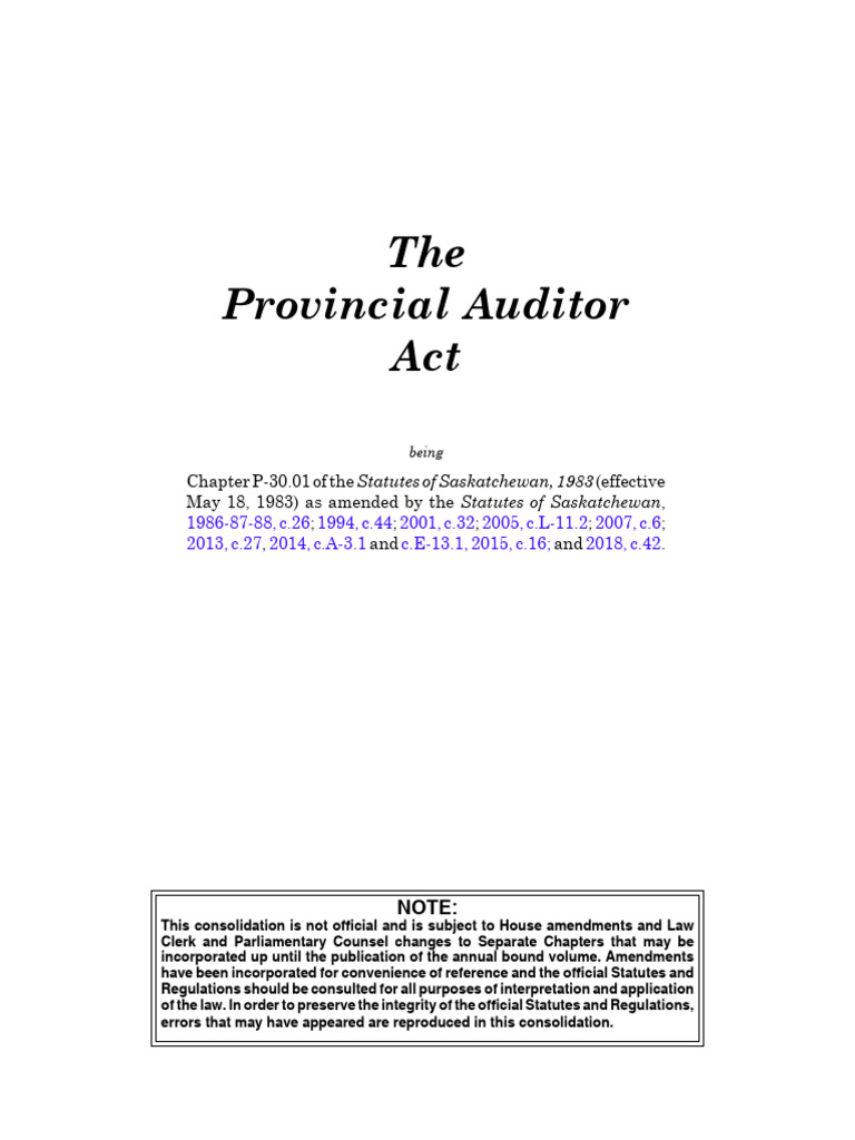 Provincial Auditor Act of Saskatchewan | PDF | Audit Committee | Audit