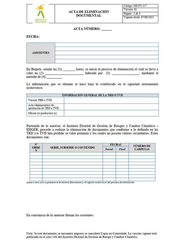 Acta de Eliminación Documental GD-FT-157 | PDF | Documento | Informática