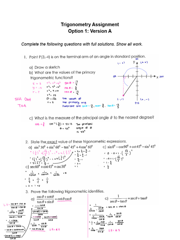 Trigonometry Assignment Option 1 - Version A 2 | PDF | Elementary ...