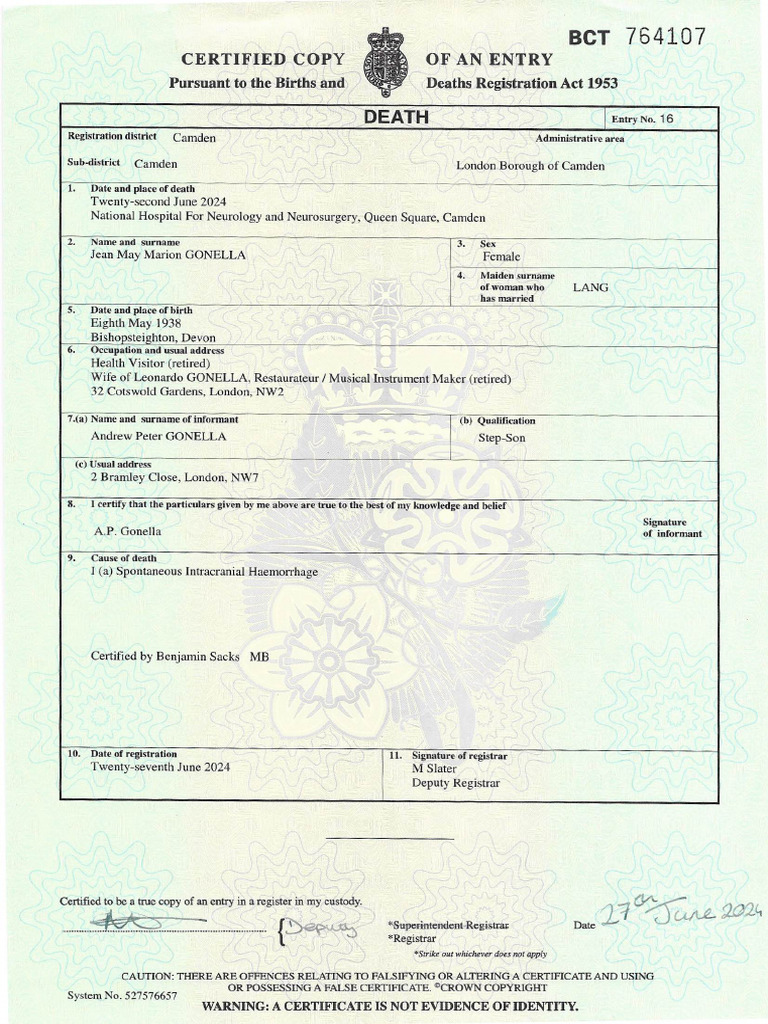 Death Certificate ANDREW GONELLA Mother Death | PDF