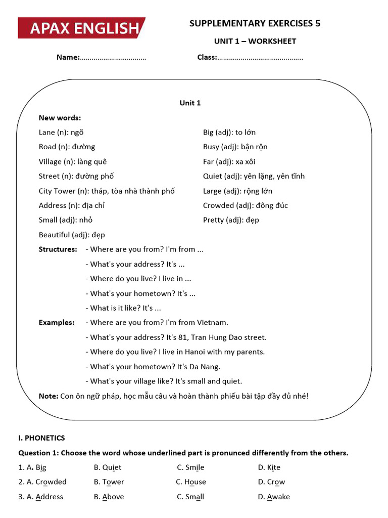Grade 5 - Unit 1 - Worksheet | PDF | Vietnam