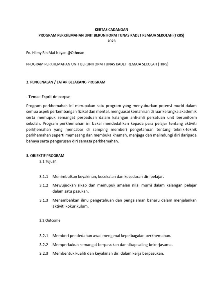 Kertas Kerja Perkhemahan Dalaman TKRS 2023 | PDF