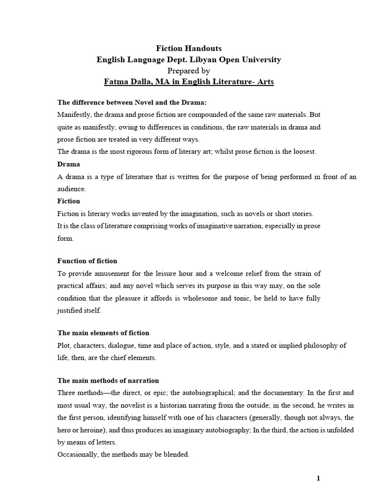 6- Fiction handout | PDF | Plot (Narrative) | Novels